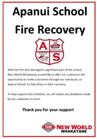 Apanui School Fire Recovery - New World Whakatane Support | Whakatane ...